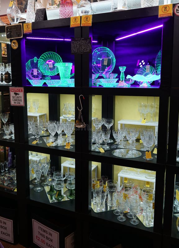 Display of Vintage Glassware Including Uranium Glass Objects Editorial ...