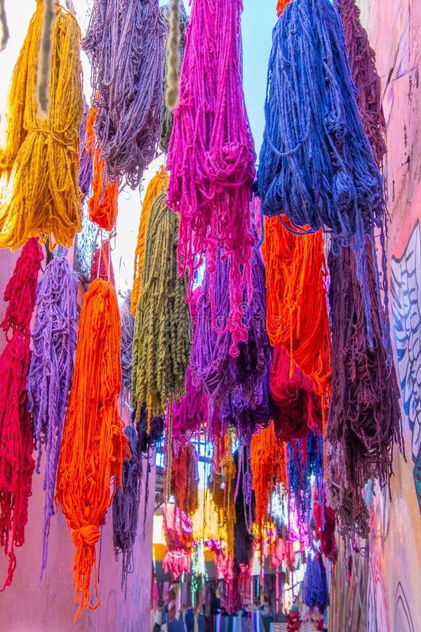 Display of Wool Drying in the Dyers Souk Stock Photo - Image of market ...