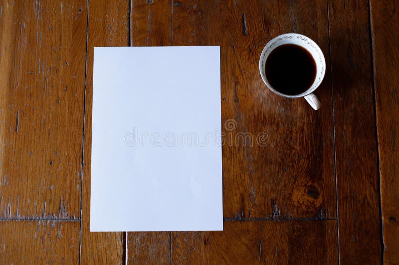 A4 Mockup Top View with Cup of Coffee on Wooden Table Vertical ...