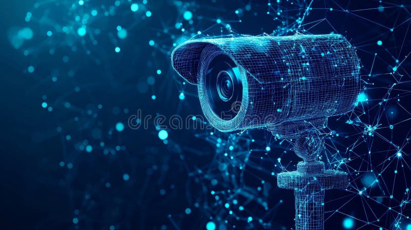 Displayed on a Blue Background is a Low Polygon CCTV Camera Wireframe ...