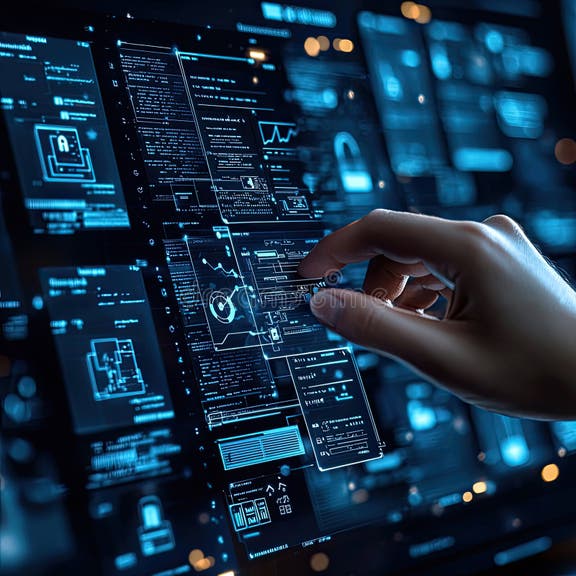 Futuristic Data Analysis Interface with Interactive Touch, Glowing Code ...