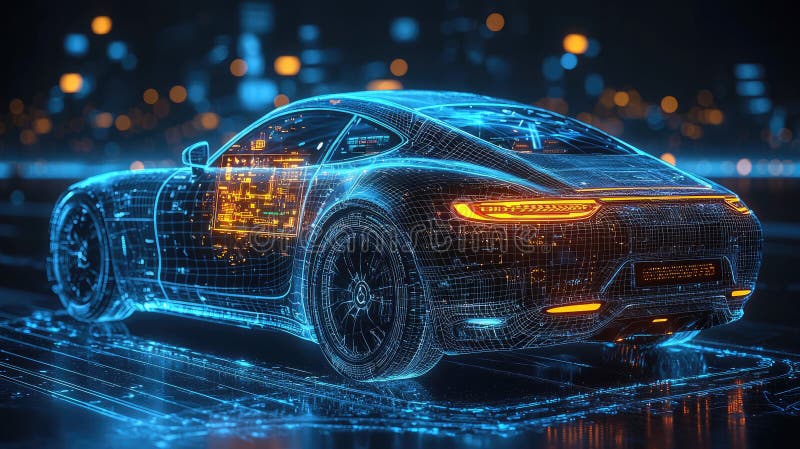 Futuristic Car Design Wireframe Model with Glowing Blue and Orange ...