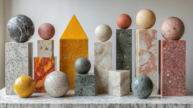 Displayed are Various Geometric Shapes Including Cubes Spheres and ...