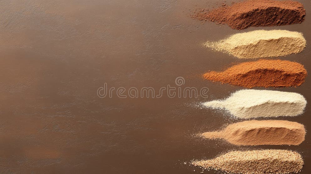 Displayed on a Wooden Surface, an Array of Spices in Different Shades ...