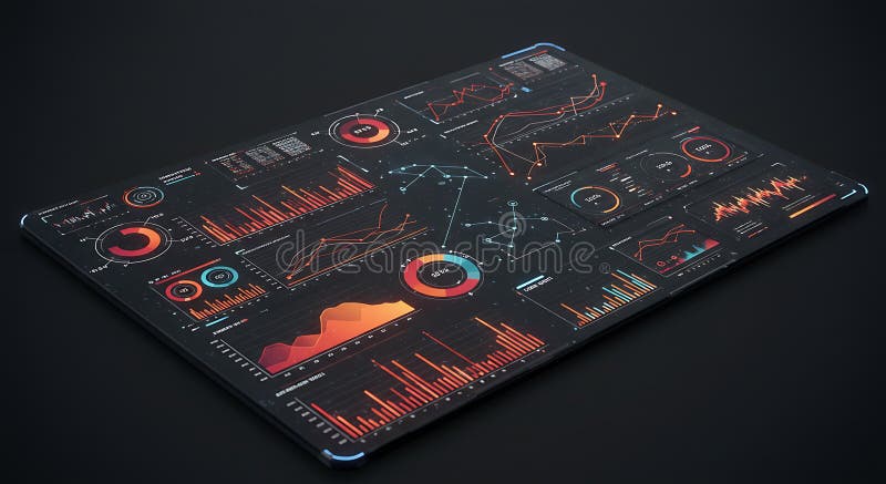 Displaying Abstract Data Charts on Tablet Screen in Orange and Blue ...