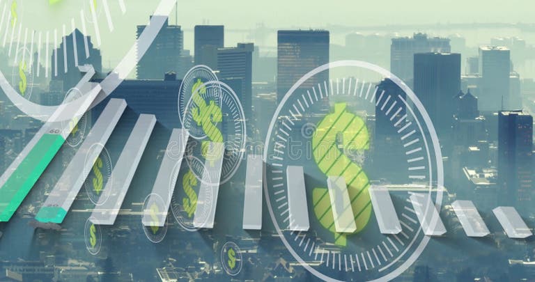 Displaying Aerial Financial Data Hovering Over Skyline, with Gridlines ...