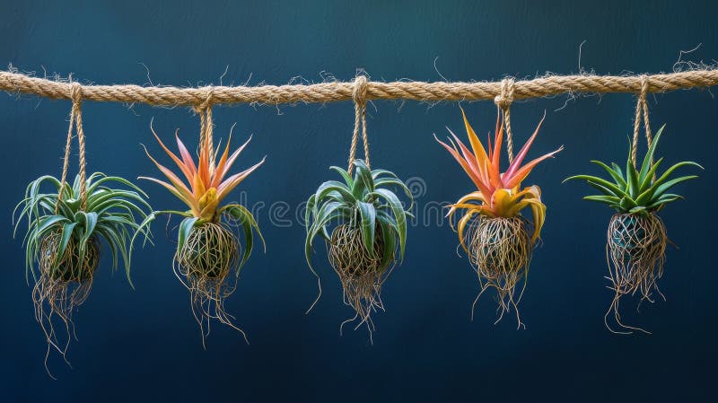 Displaying Airplants in Decorative Pots Hung by Strings Against a Dark ...