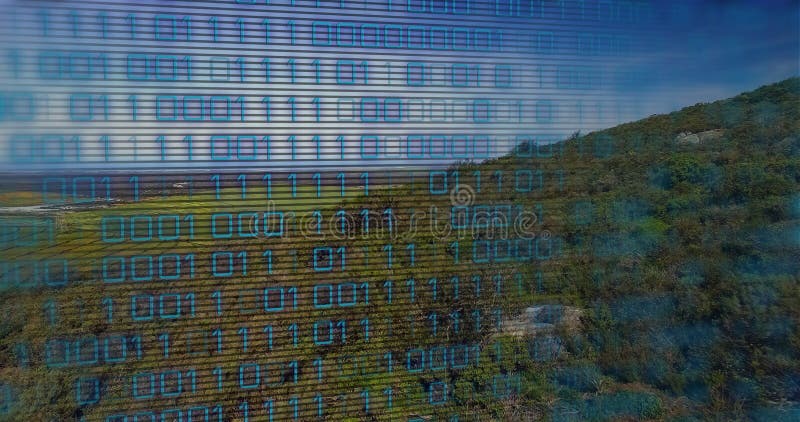Displaying Binary Code Overlay Blending Grassy Plains, Rolling Hillside Showing Glowing Blue ...