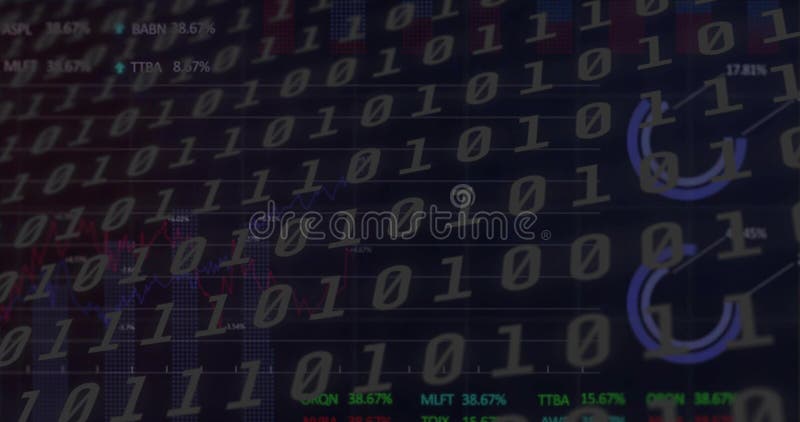 Displaying Binary Code Overlay on Digital Finance Dashboard, Revealing Stock Tickers and World ...