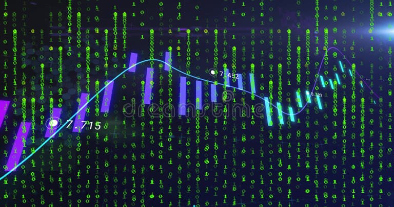 Displaying Blue Line and Purple Bars in Dark Digital Dashboard, with Binary Code and Numeric ...