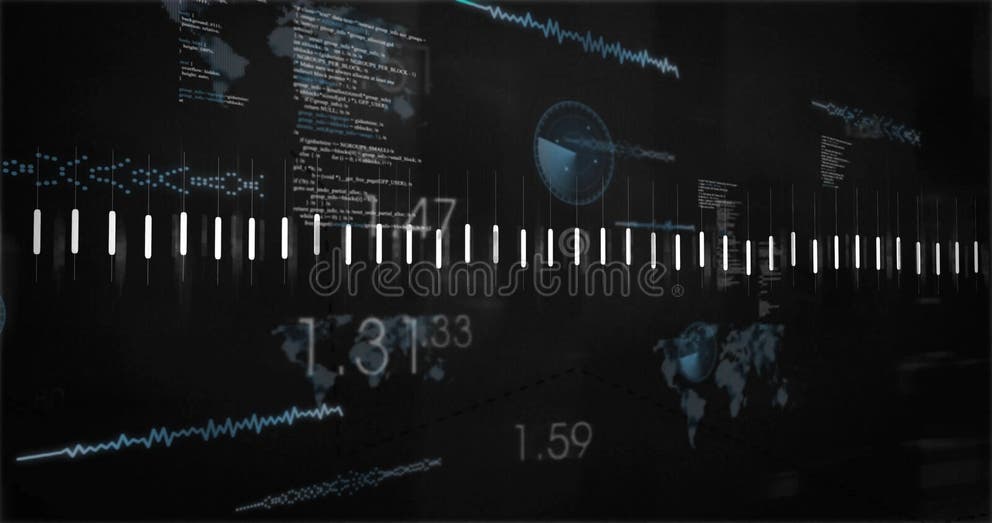 Displaying Central Bar Array Scrolling Across Dashboard, with Code Panels and Numeric Readouts ...