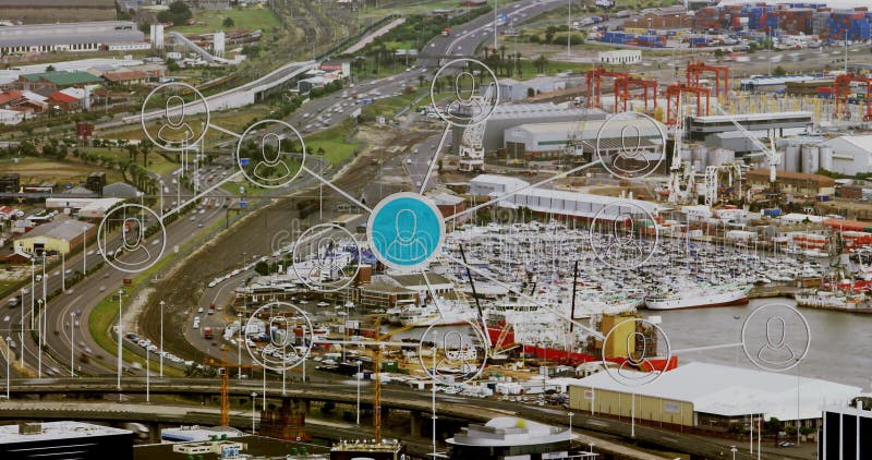 Displaying Central Blue Network Node Connecting Containers, Cranes and ...