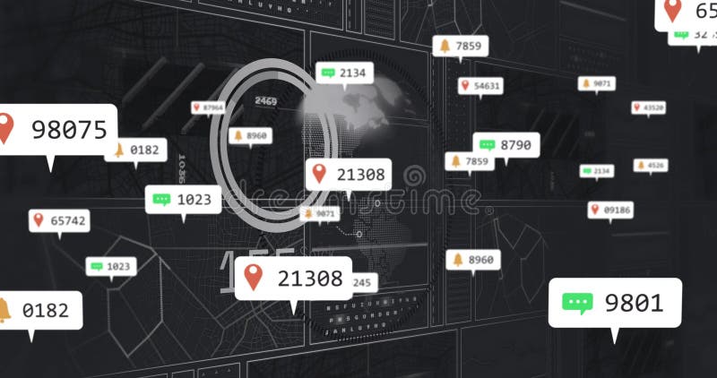 Displaying Central Bubble Showing 21308 on Digital Dashboard, with Data Pop-ups and Pin Icons ...