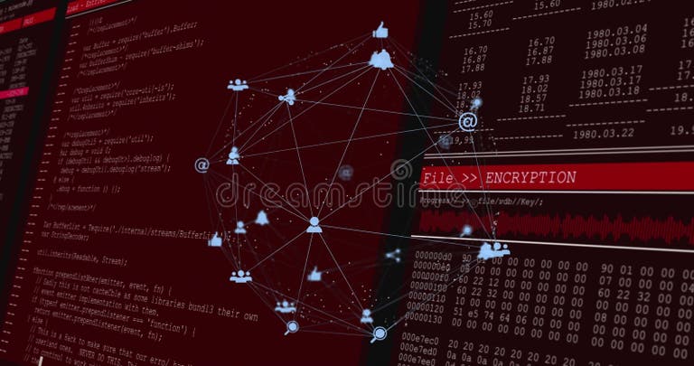 Displaying Central 3D Network Graph Glowing on Red Virtual Encryption ...