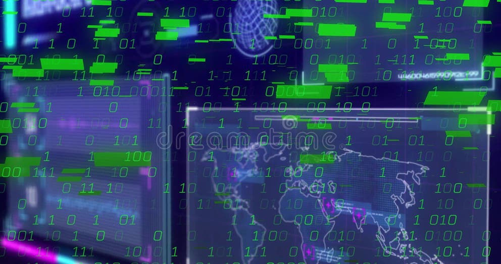 Displaying Central Digital Data Screen Streaming Binary Code in Tech Control Hub, Showing World ...