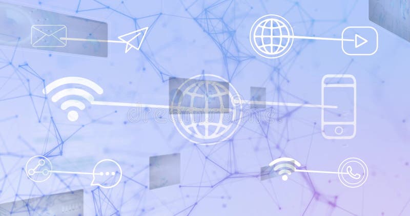 Displaying Central Globe Icon Linking Nodes in Digital Mesh, with Envelope, Paper Airplane Icons ...