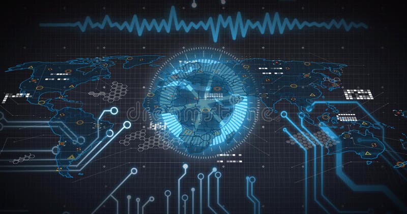 Displaying Central Holographic Globe Rotating Over Dark Grid Interface, with Circuit Lines Stock ...