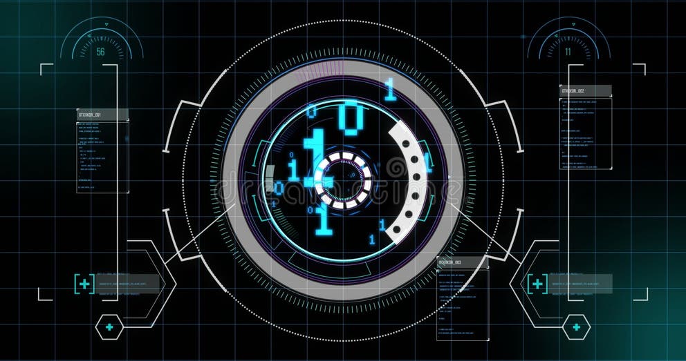 Displaying Central Holographic Interface Rotating on Grid with Binary Overlays and Code Panels ...