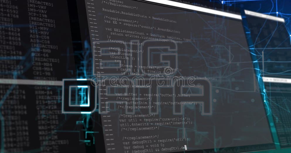Displaying Code Panels Unfolding at Dark Workspace, with UI Modules, BIG DATA Text, Network ...