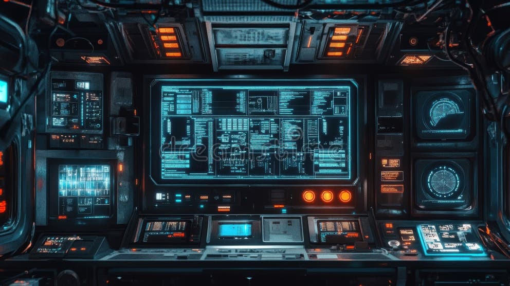 Futuristic Spaceship Cockpit Showing Programming Code on Monitors Stock ...