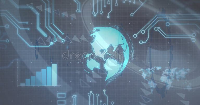 Displaying 3D Globe Rotating on Virtual Dashboard, with Grid Overlay, Circuit Lines and Bar ...