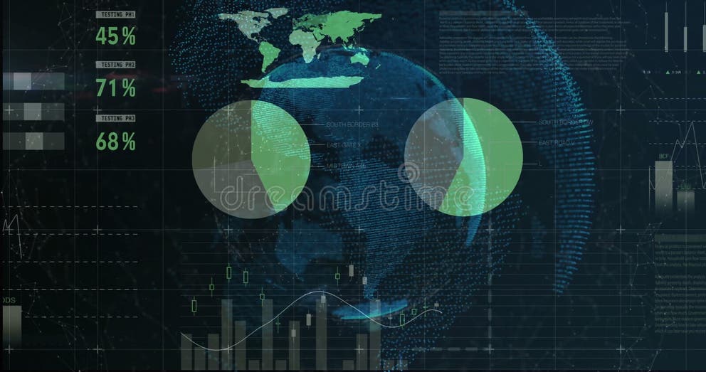 Displaying 3D Globe Visualization Floating Over Analytics Dashboard with Pie Charts, Code Blocks ...