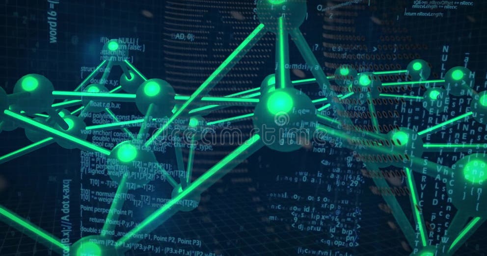 Displaying 3D Network in Digital Space, with Glowing Green Nodes ...