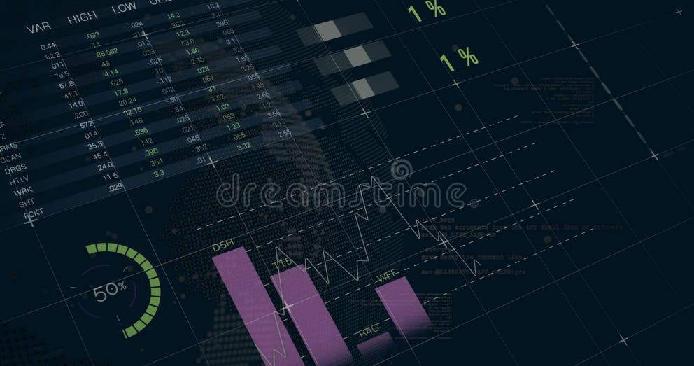 Displaying Dark Interface Showing Data on Virtual Dashboard, with Numeric Table and Progress ...