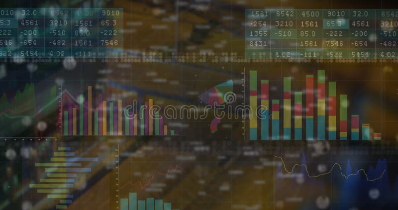 Displaying Dashboard Mapping Data On Office Desk With Bar And Multi Line Graphs Numeric Tables