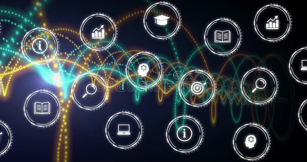 Displaying Dashboard Overlaying Waveform Lines in Interface, with Circular Info and Chart Icons ...