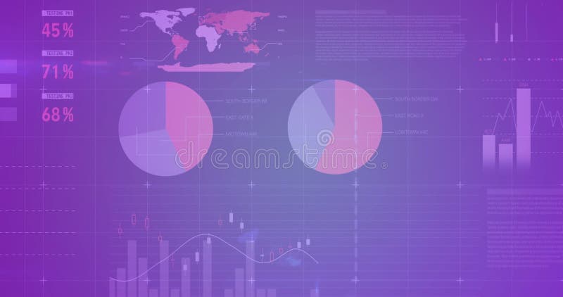 Displaying Data Analysis, Graphs and Charts Over World Map in Purple ...