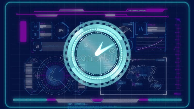 Displaying Data Charts and World Map, Futuristic Animation with Circular Element Stock Footage ...