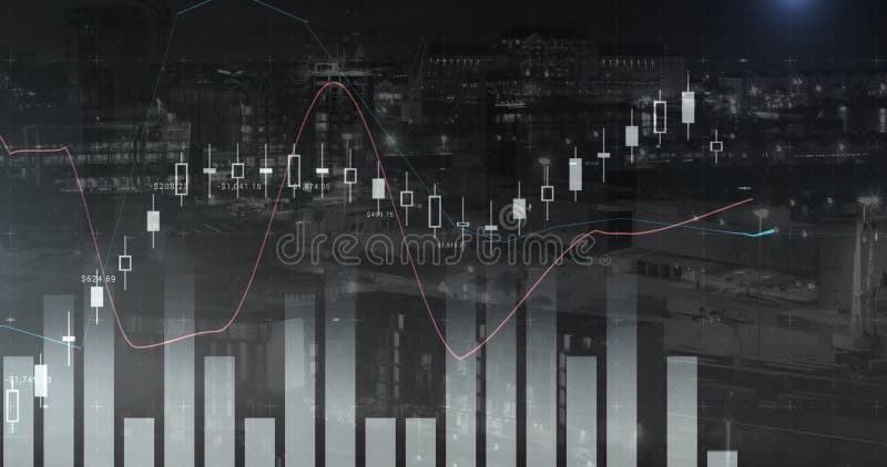 Displaying Data Overlay Over Night Downtown Skyline with Candlesticks ...