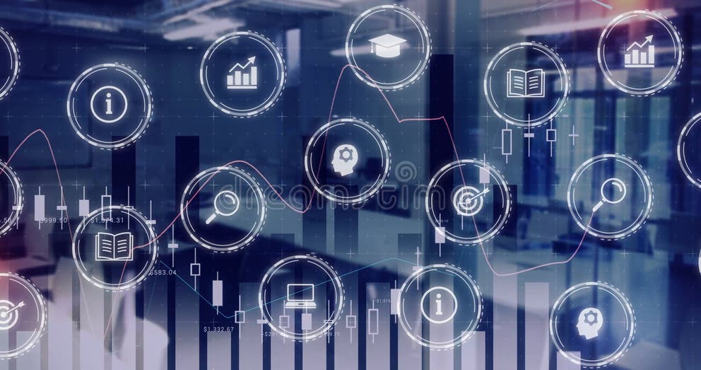 Displaying Digital Data Overlay Rising Over Office Monitors, with ...