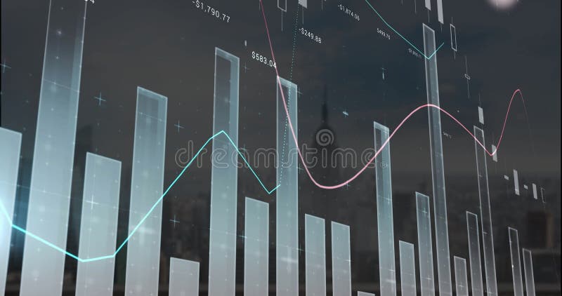 Displaying Digital Financial Bars and Trend Lines Over Dusk Skyline ...