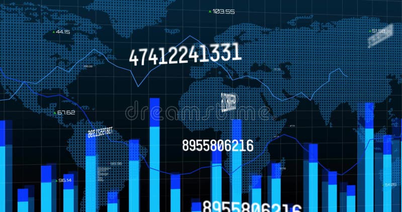 Displaying Dotted World Map View Showing Bar Graphs, Line Charts on ...