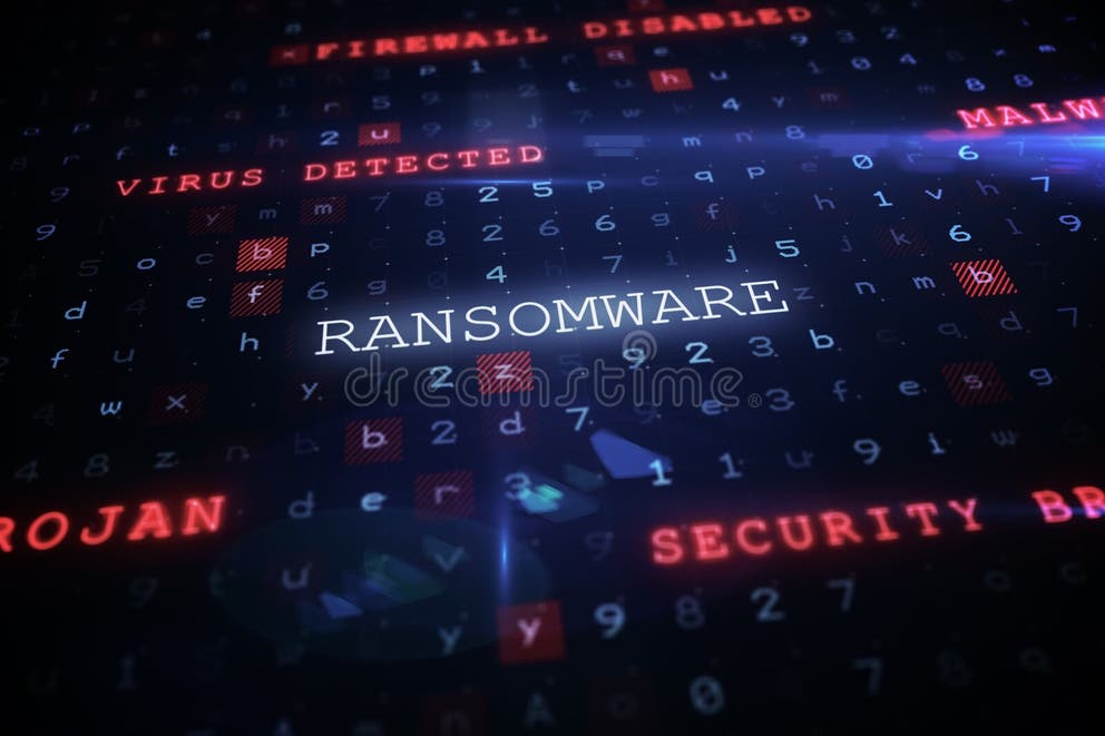 Displaying Flat Interface Showing Security Code Grid with RANSOMWARE Text and Red Alerts Stock ...