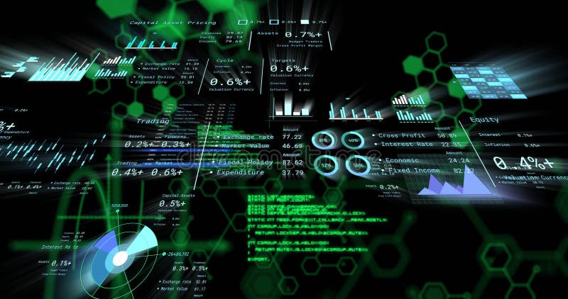 Displaying Floating Financial Panels in UI, with Bar Graphs and Line Charts on Green Hexagon ...