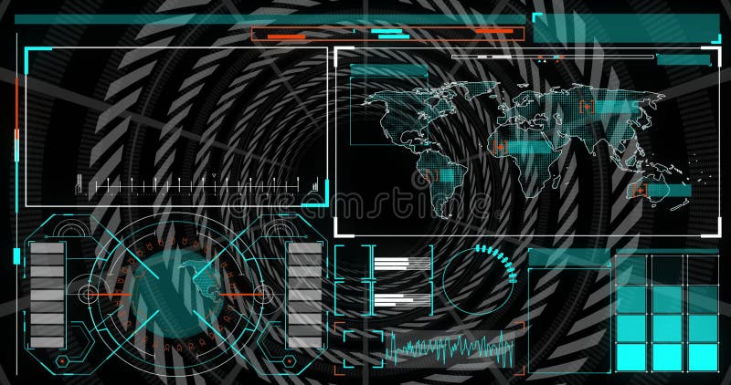 Displaying Futuristic UI Scanning Streams on Dashboard, with World Map, Radar Display, Grid ...