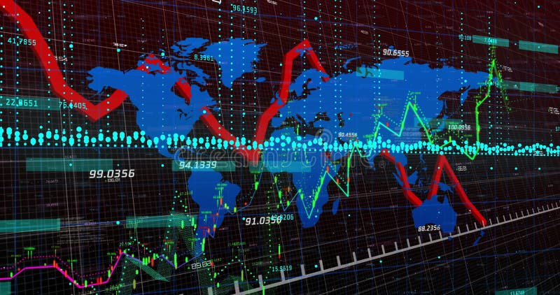 Displaying Global Data Graph at Analytics Dashboard, with Blue World Map and Red Green Line ...