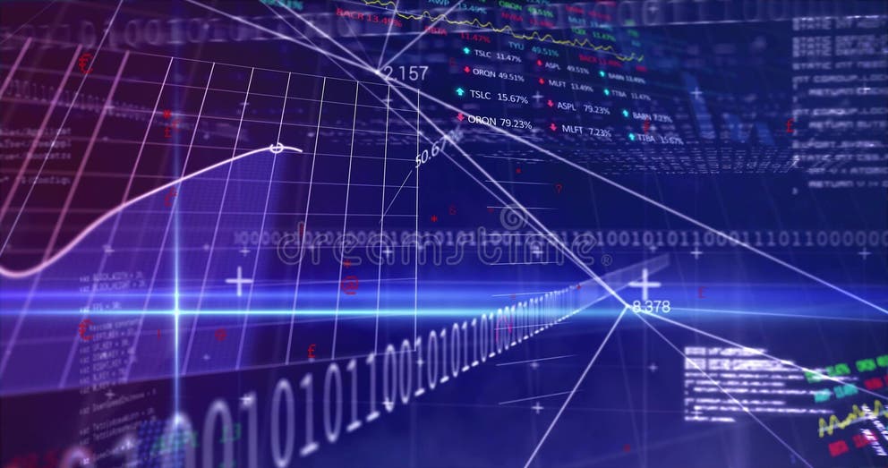 Displaying Glowing Binary Code Streams with Line Graphs in 3D Data Hub, with Numeric Overlays ...