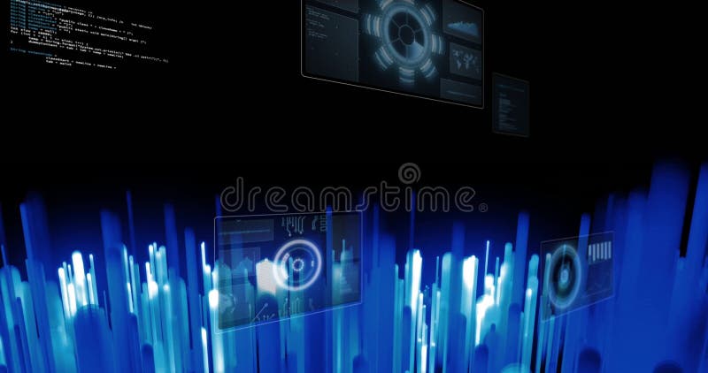 Displaying Glowing Blue Data Bars and Floating UI Panels in Virtual Data Landscape ...