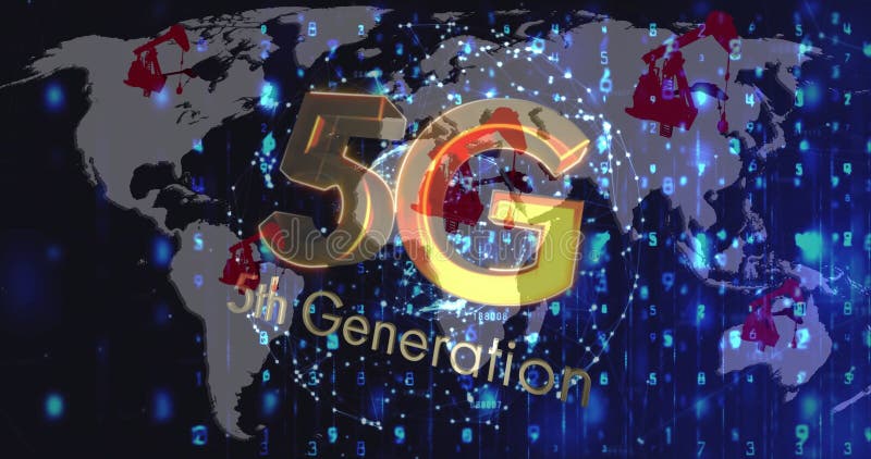 Displaying Gold 5G Label with 5th Generation Text Over World Map, Glowing Lines, Red Pump Jacks ...