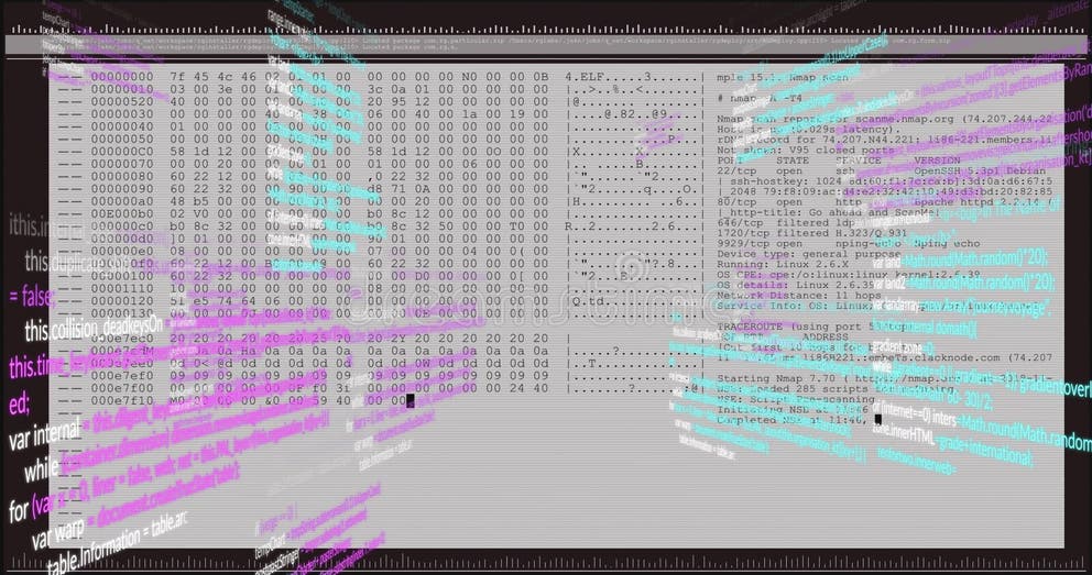 Displaying Hex Editor and Nmap Windows at Computer Desktop, Showing Port Scan and Code Overlays ...