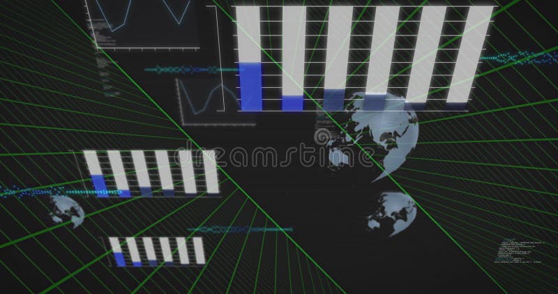 Displaying Holographic Interface in Space Featuring Green Grid Lines Data Charts Globe Icons ...