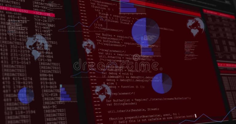 Displaying Interface Rendering Code on Console, with Blue Pie Charts, Bar Graphs, Redacted Lists ...