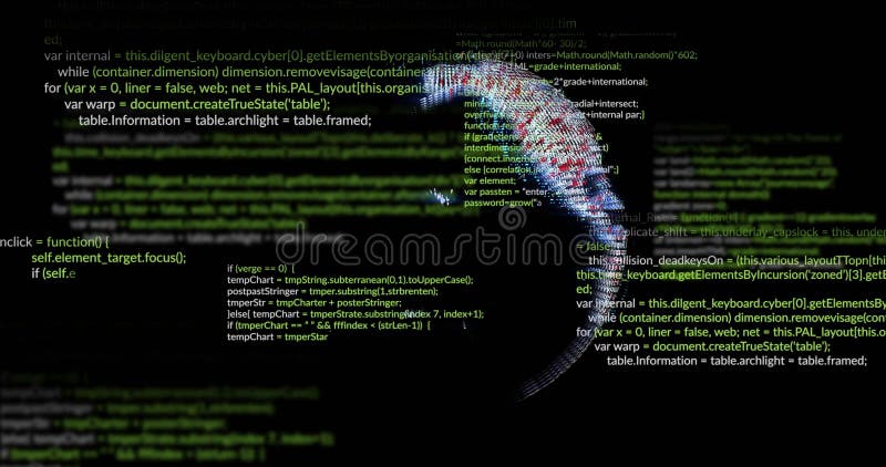 Displaying JavaScript UI Showing Highlighted Code Lines and 3D Wireframe Head on Screen, Copy ...