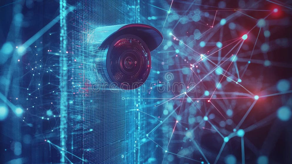 Displaying a Low Polygon CCTV Security Camera Wireframe Mesh on a Blue ...