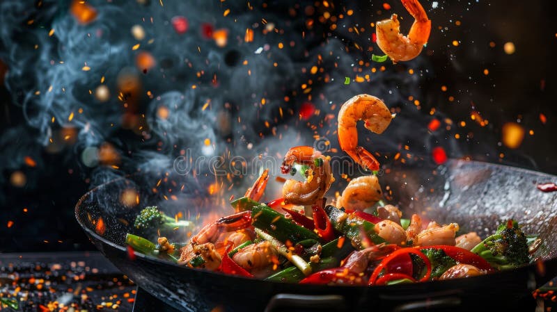 Displaying Meat Preparation with Asian Wok Noodles and Prawns Stock ...