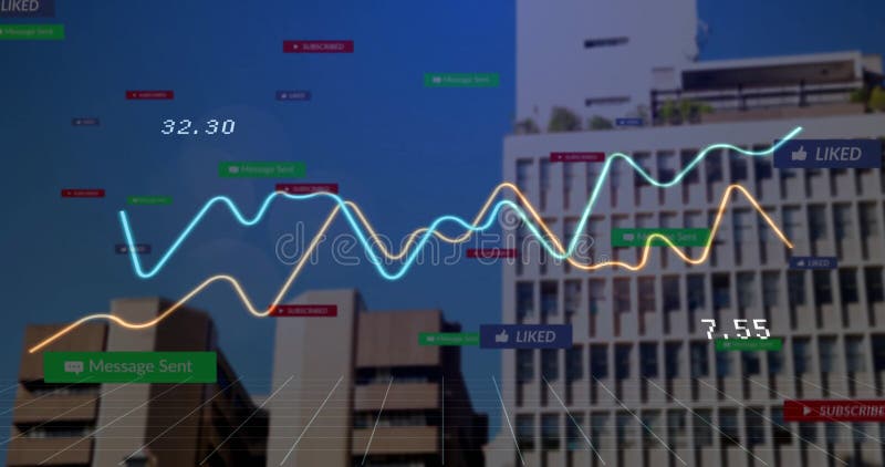 Displaying Neon Line Graphs and Social Media Icons Over Urban Office ...